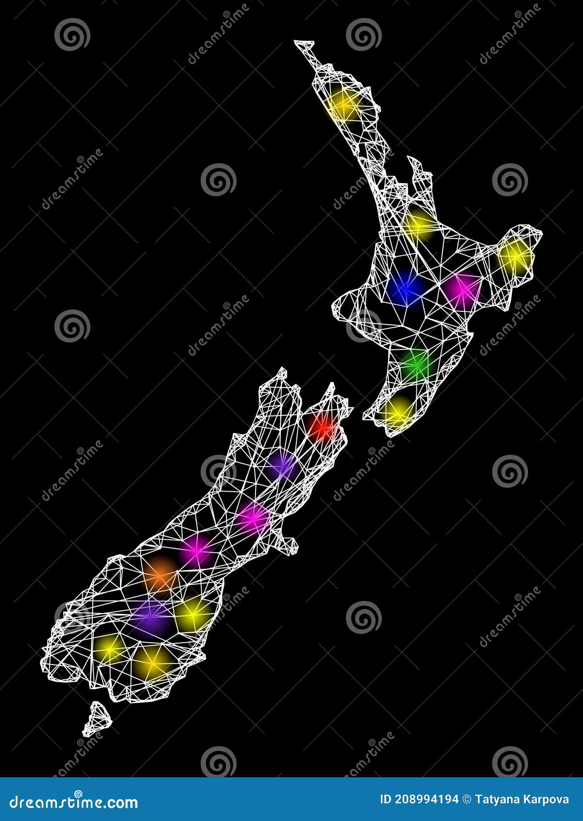 Web Network Map of New Zealand with Colorful Light Spots Stock Vector ...