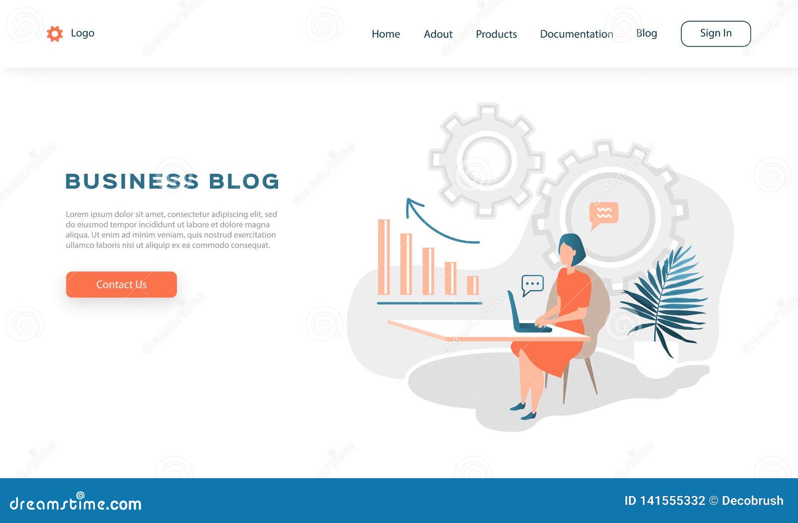Web Page Design Template for Business Blog. Business Woman Working on ...
