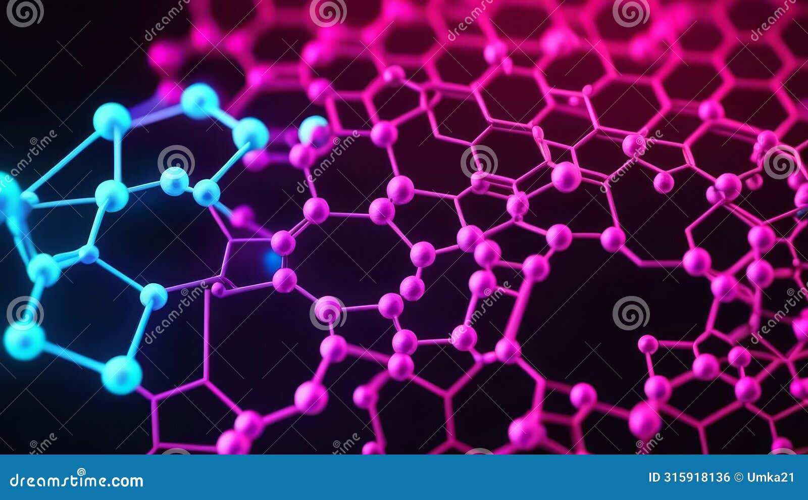 A Web of Particles of Blue and Pink Molecules in Neon Light, on a Dark ...