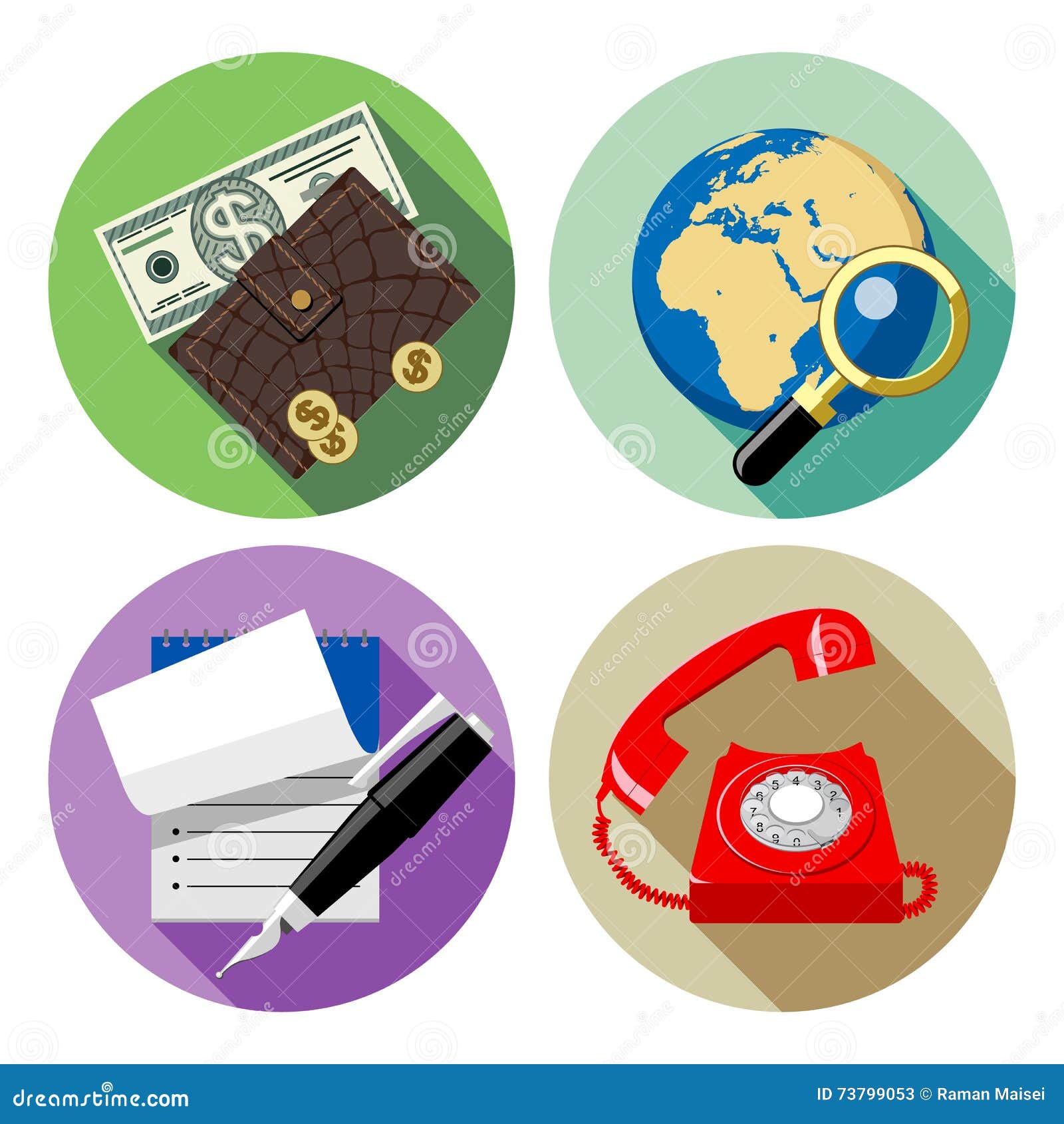 Web Round Icons with Red Phone, Globe and Lens, Notepad and Pen, Wallet ...