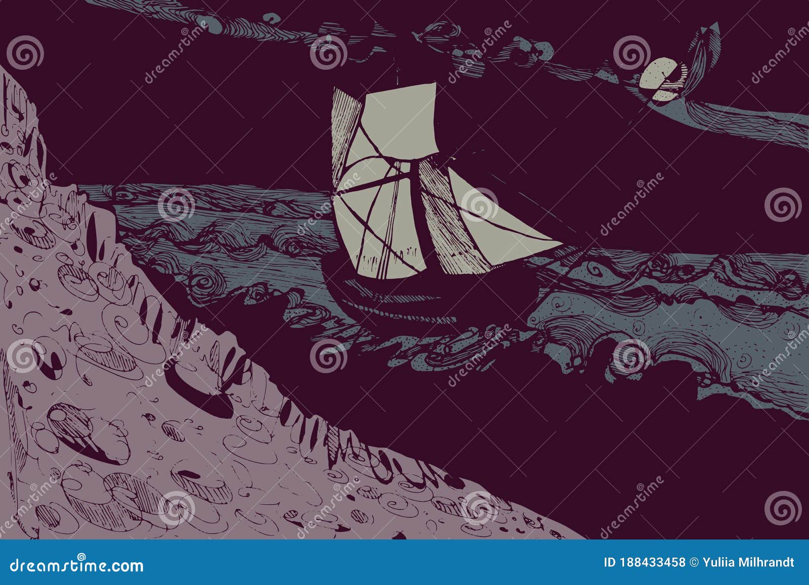 Sailing Ship at Sea. Hand Drawn Vector Graphic Stock Illustration ...