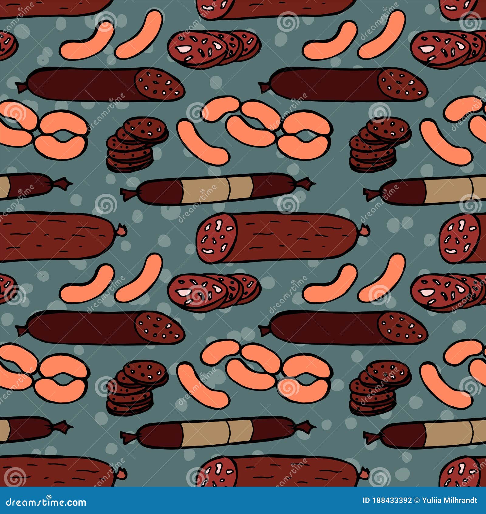 Sausage Seamless Pattern. Hand Drawn Color Doodle Vector Stock ...