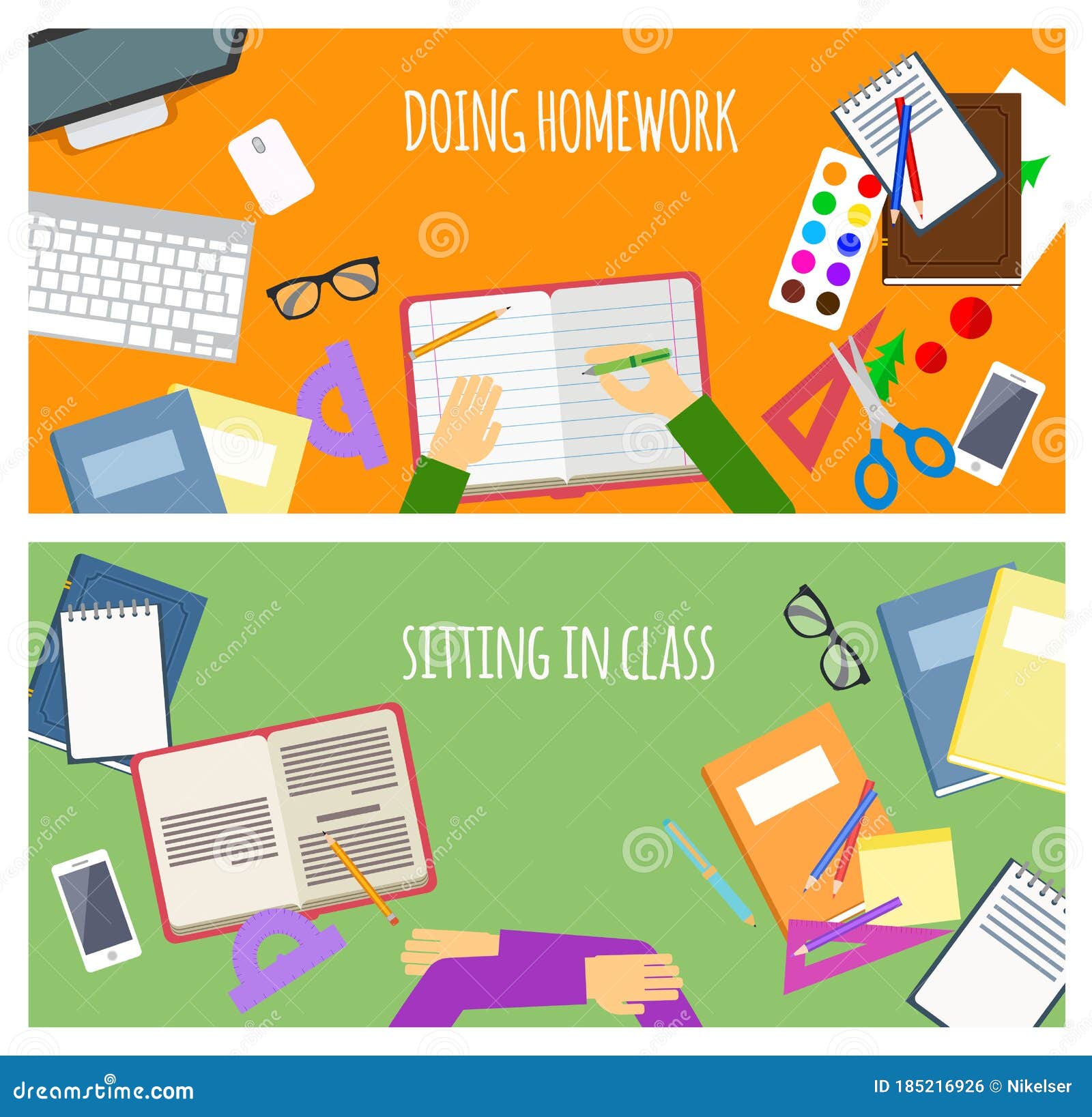 Web School Flat Banner Doing Homework and Sitting in Class. Vector ...