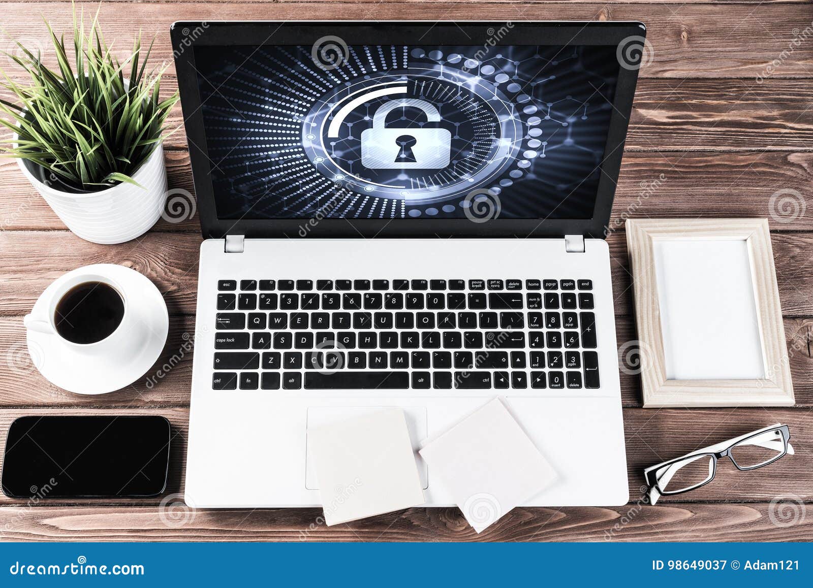 Web Security and Technology Concept with Laptop on Wooden Table Stock ...