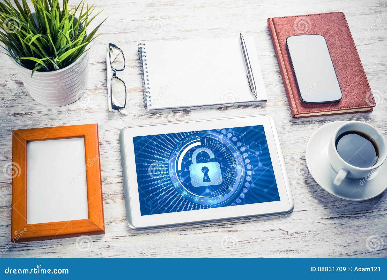 Web Security and Technology Concept with Tablet Pc on Wooden Tab Stock ...