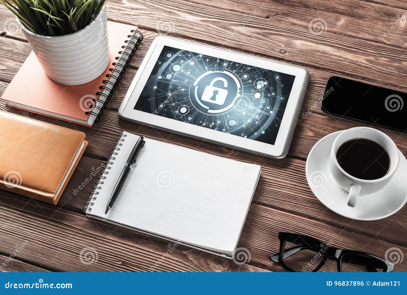 Web Security and Technology Concept with Tablet Pc on Wooden Tab Stock ...