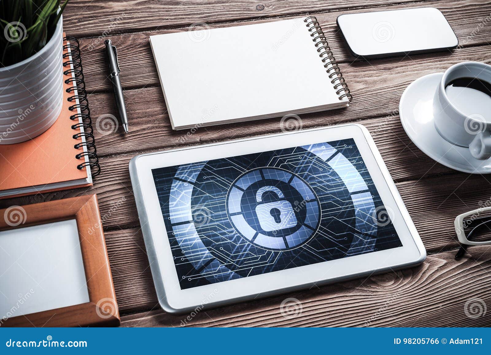 Web Security and Technology Concept with Tablet Pc on Wooden Tab Stock ...