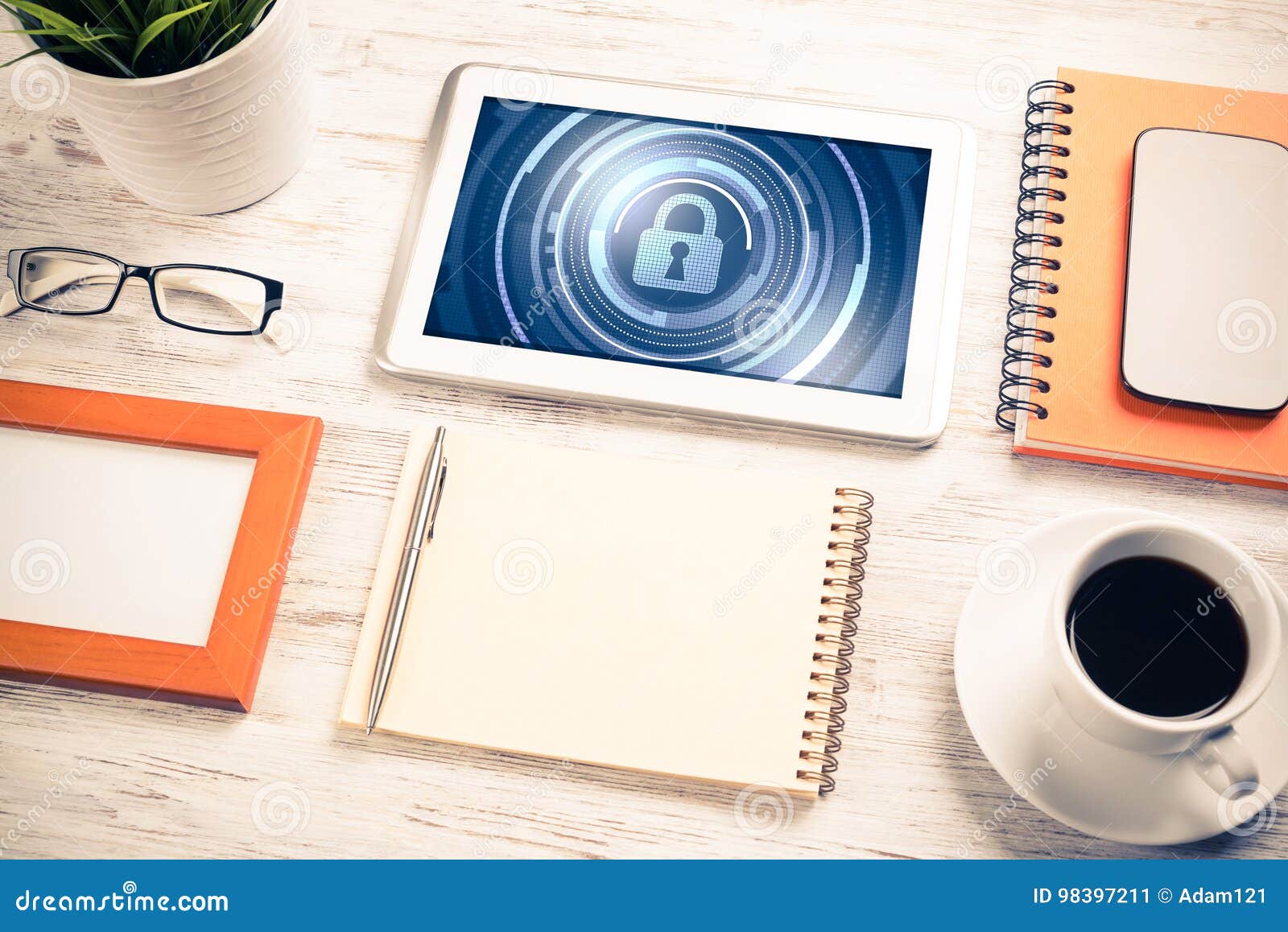 Web Security and Technology Concept with Tablet Pc on Wooden Tab Stock ...