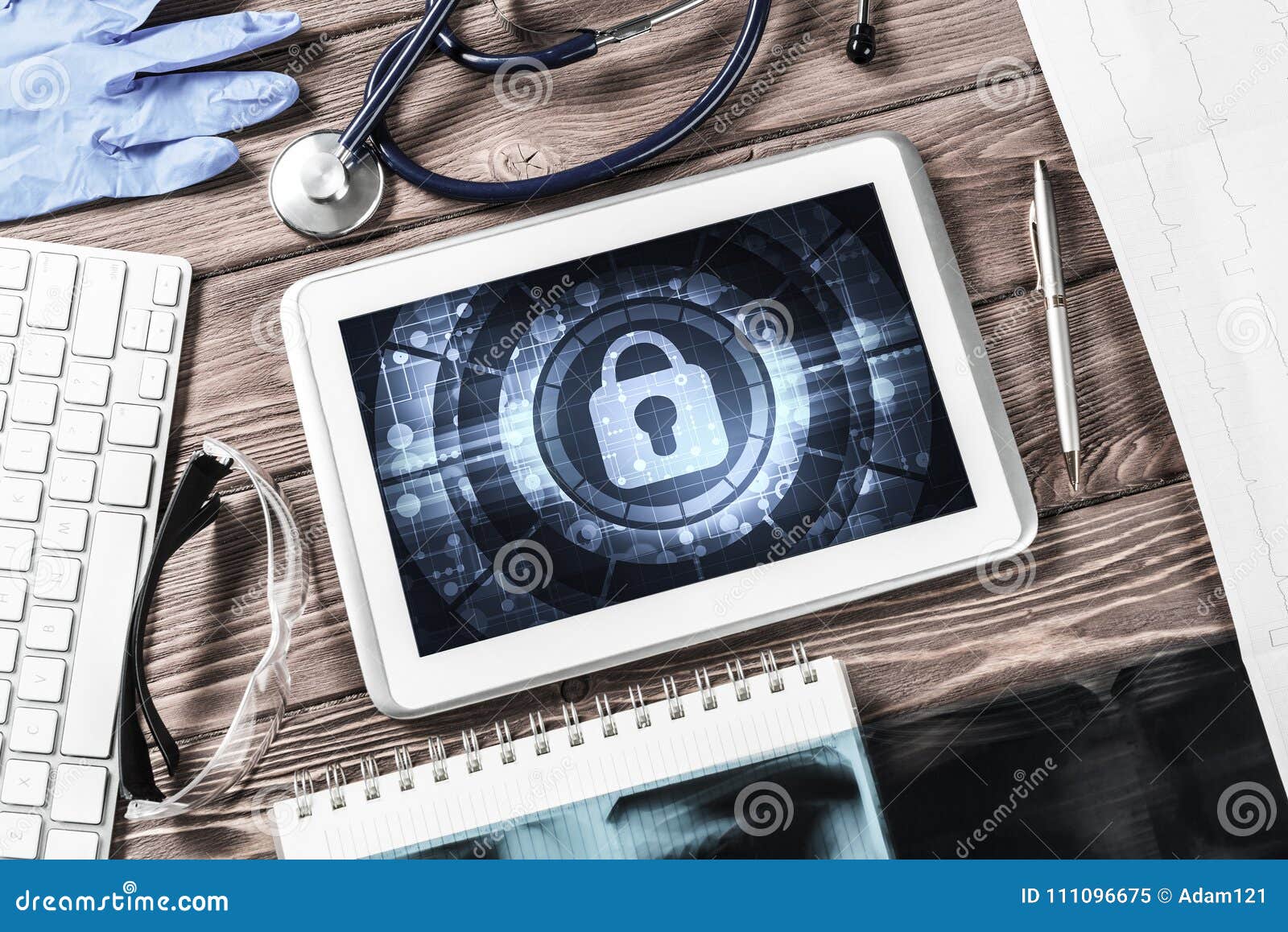 Web Security and Technology Concept with Tablet Pc on Wooden Tab Stock ...