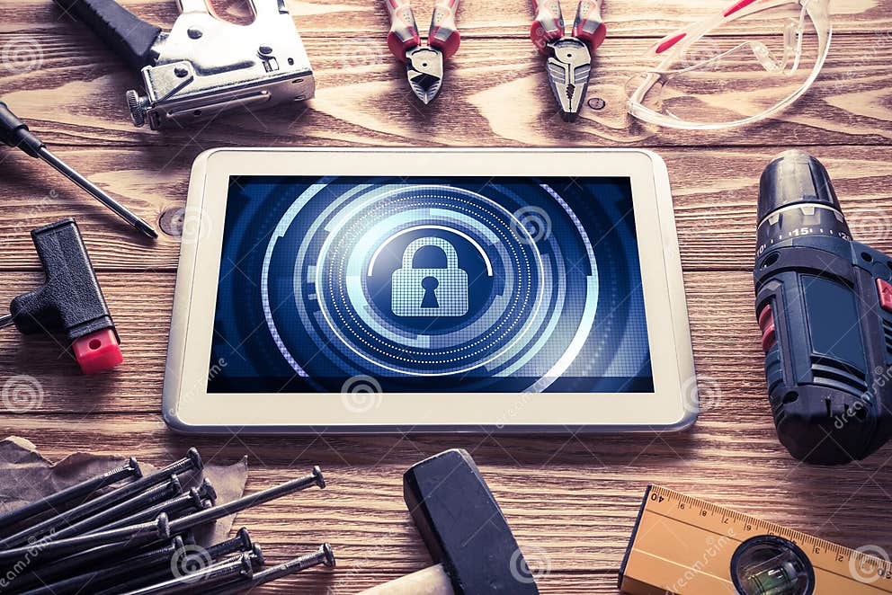 Web Security and Technology Concept with Tablet Pc on Wooden Tab Stock ...
