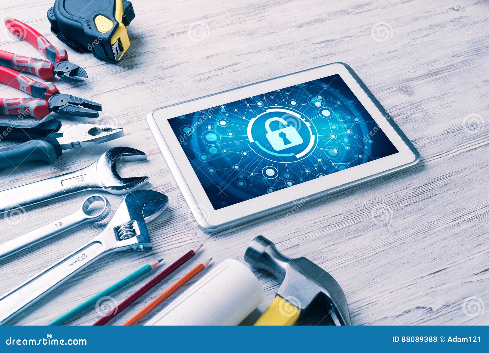 Web Security and Technology Concept with Tablet Pc on Wooden Tab Stock ...