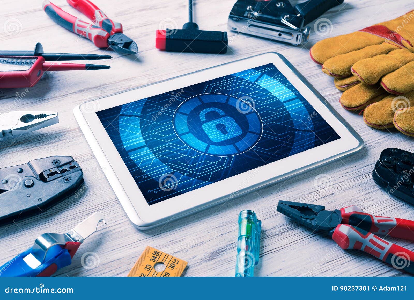 Web Security and Technology Concept with Tablet Pc on Wooden Tab Stock ...