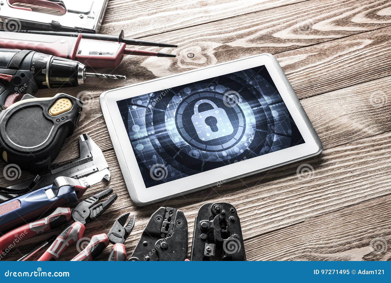 Web Security and Technology Concept with Tablet Pc on Wooden Tab Stock ...