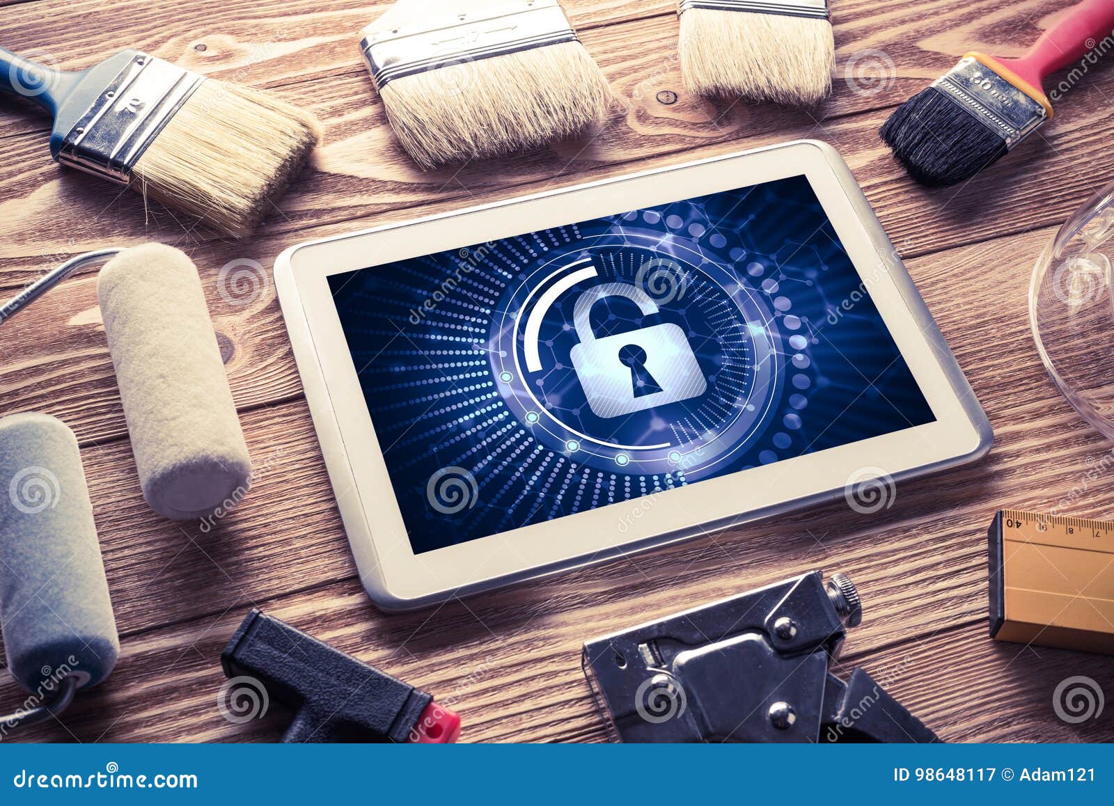 Web Security and Technology Concept with Tablet Pc on Wooden Tab Stock ...