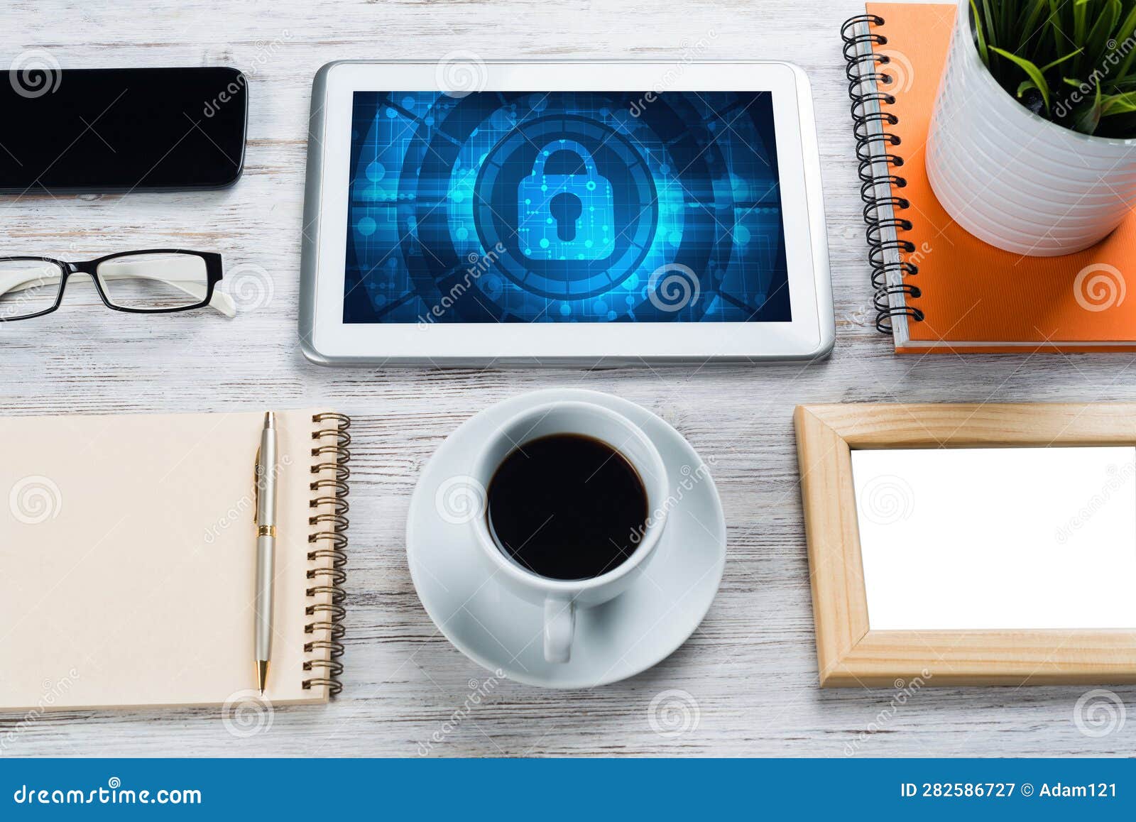 Web Security and Technology Concept with Tablet Pc on Wooden Table ...