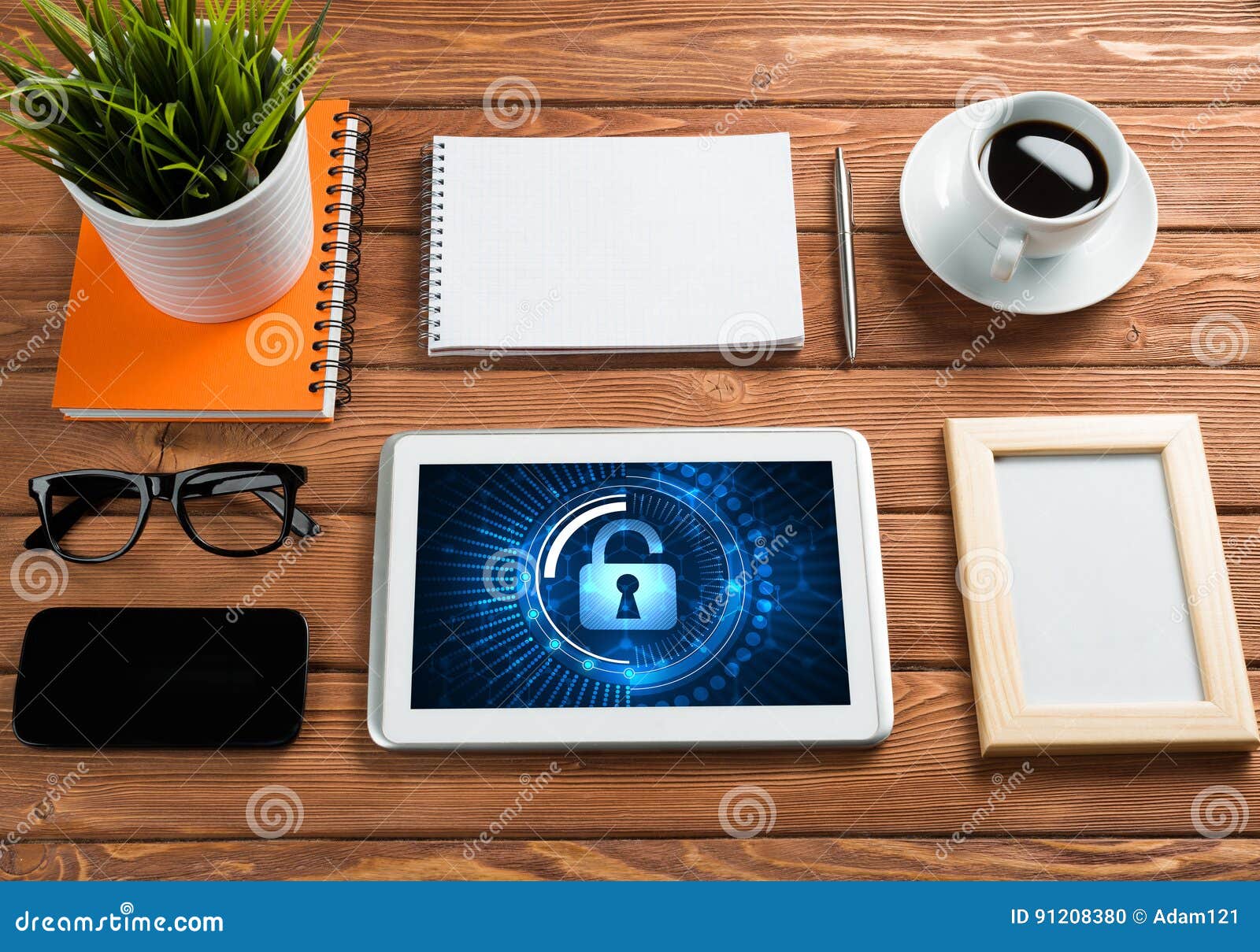 Web Security and Technology Concept with Tablet Pc on Wooden Table ...