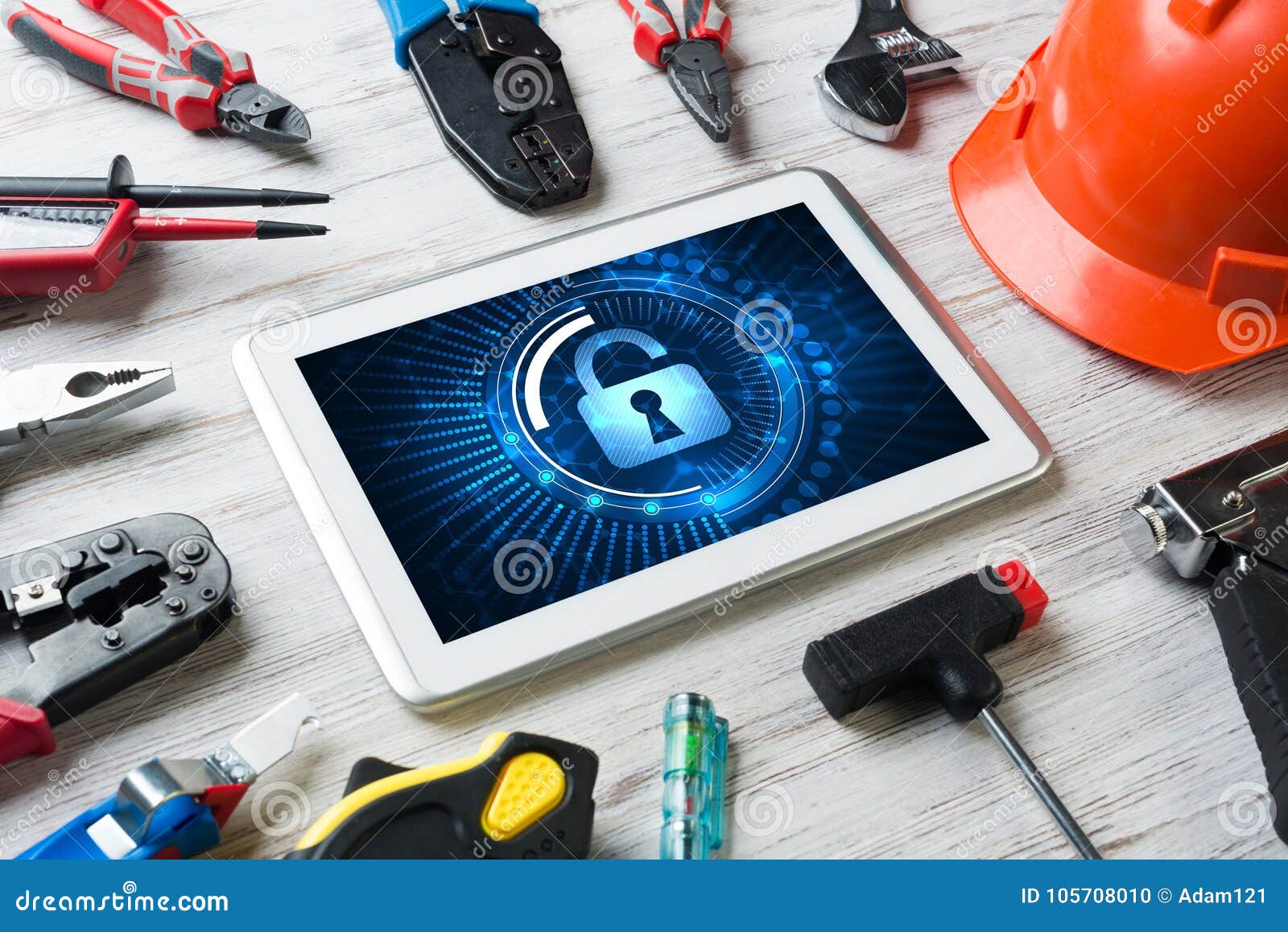 Web Security and Technology Concept with Tablet Pc on Wooden Table ...