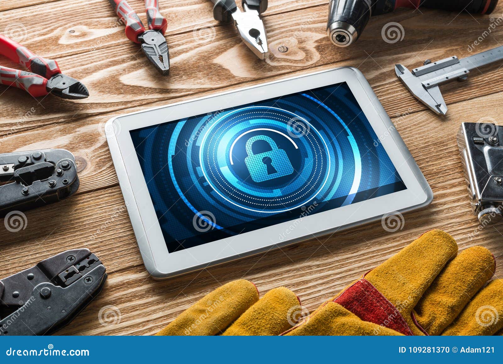 Web Security and Technology Concept with Tablet Pc on Wooden Table ...