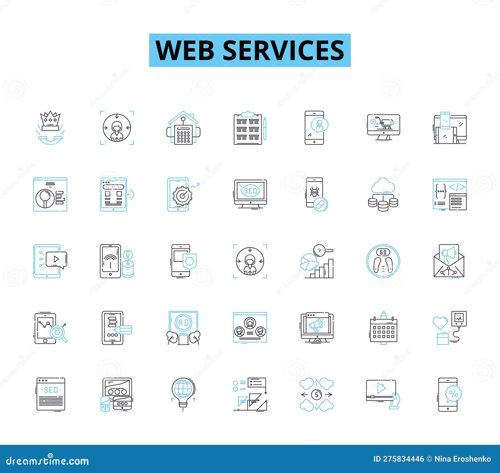 Web Services Linear Icons Set. Integration, Security, API, Scalability, Microservices, Cloud ...