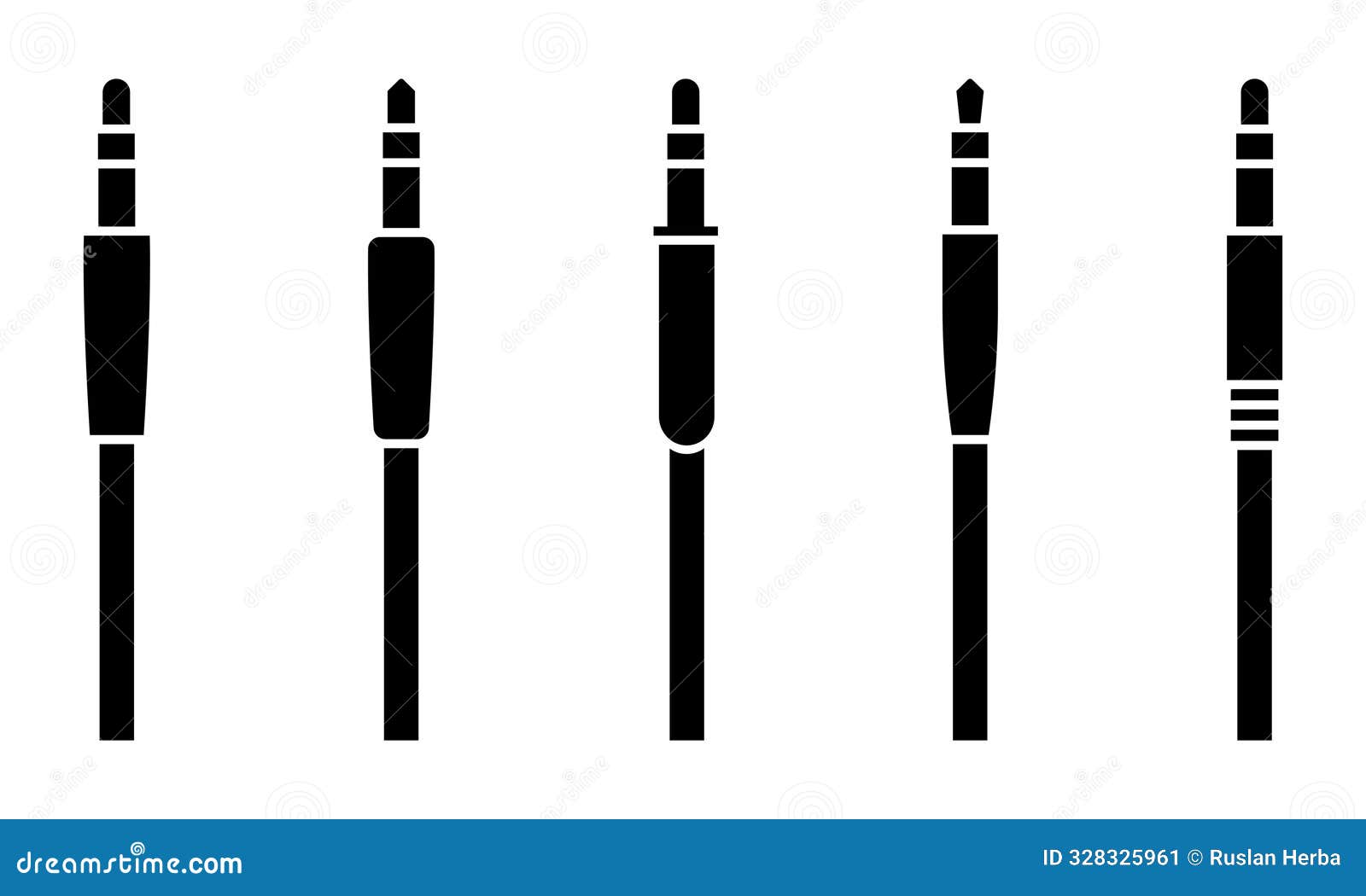 Set Of Audio Jack Vector Icons. Black Silhouette With Cable Or Wire ...