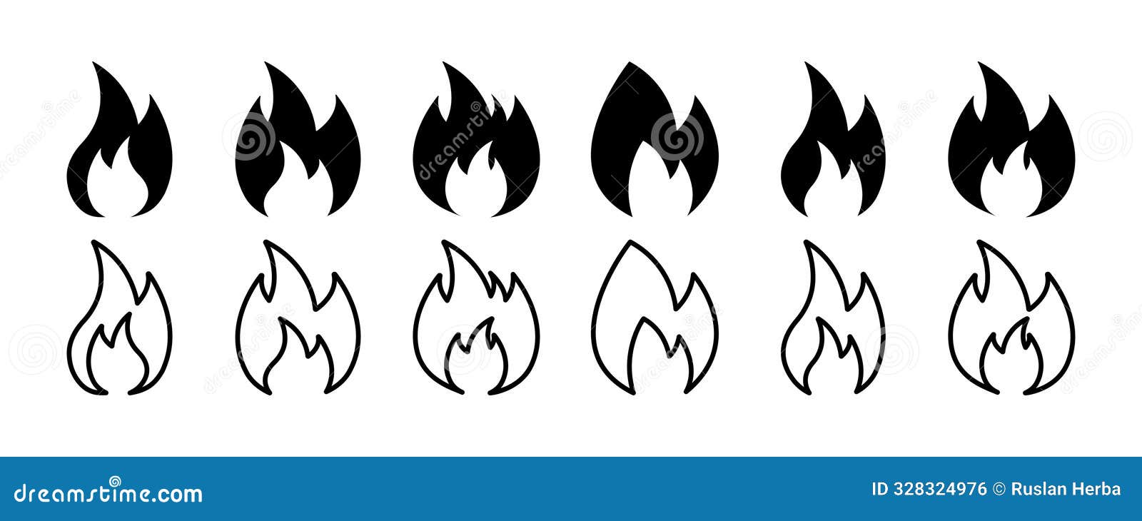 Set of Fire or Flame Vector Icons. Outline Bonfire and Campfire Sign ...