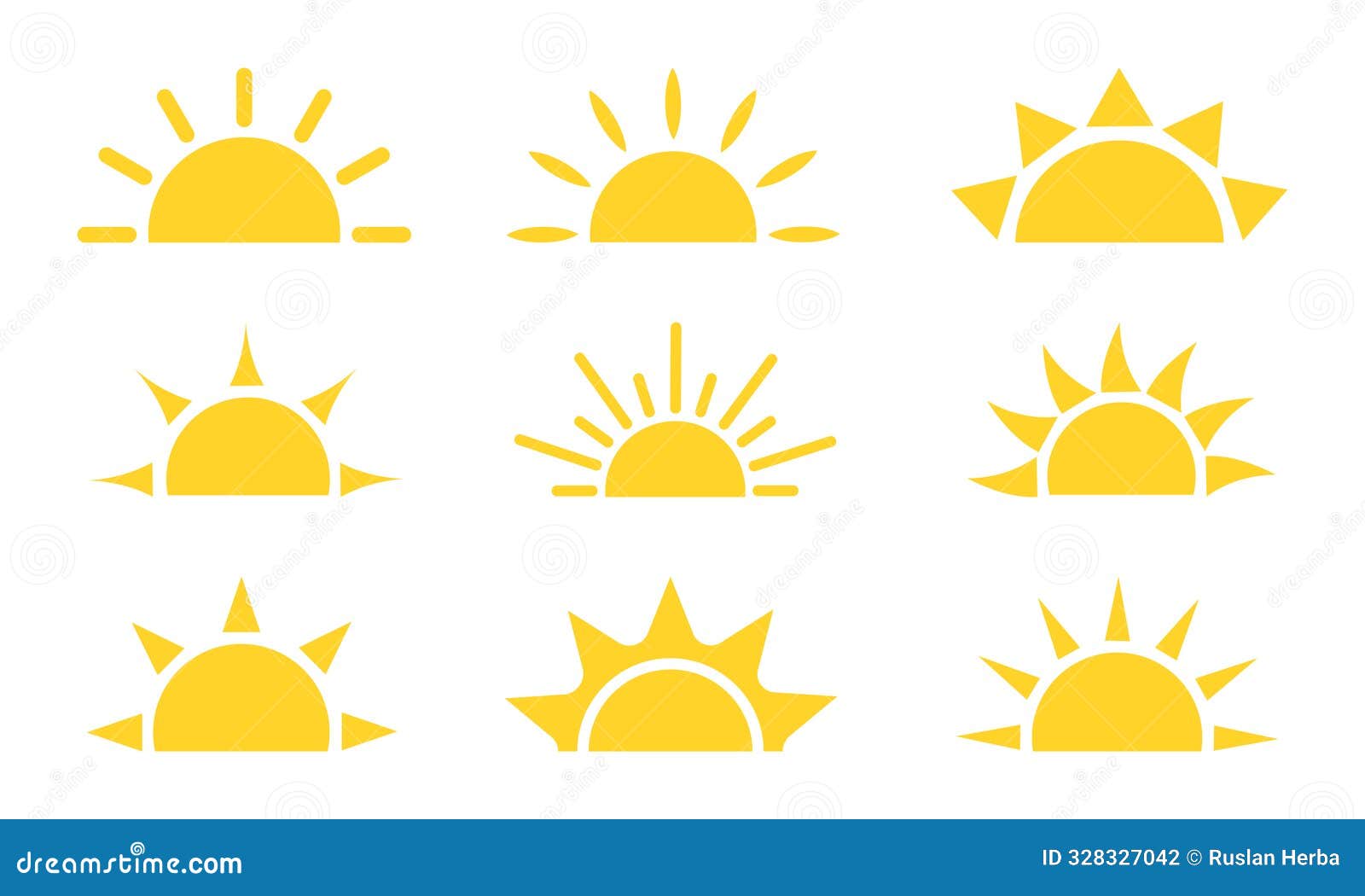 Set of Half Sun Vector Icons. Yellow Sunrise or Sunset Stock ...