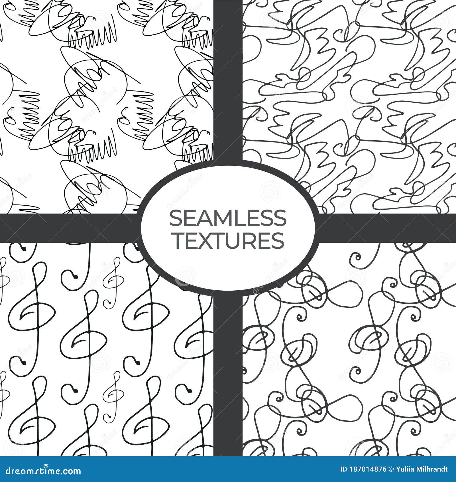 Curved Lines Hand Drawn Geometric Seamless Pattern Set. Monochrome ...