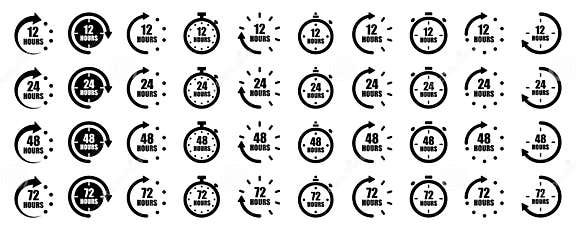 Set of 12, 24, 48 and 72 Hours Vector Icons. Clock with Arrows. Fast ...