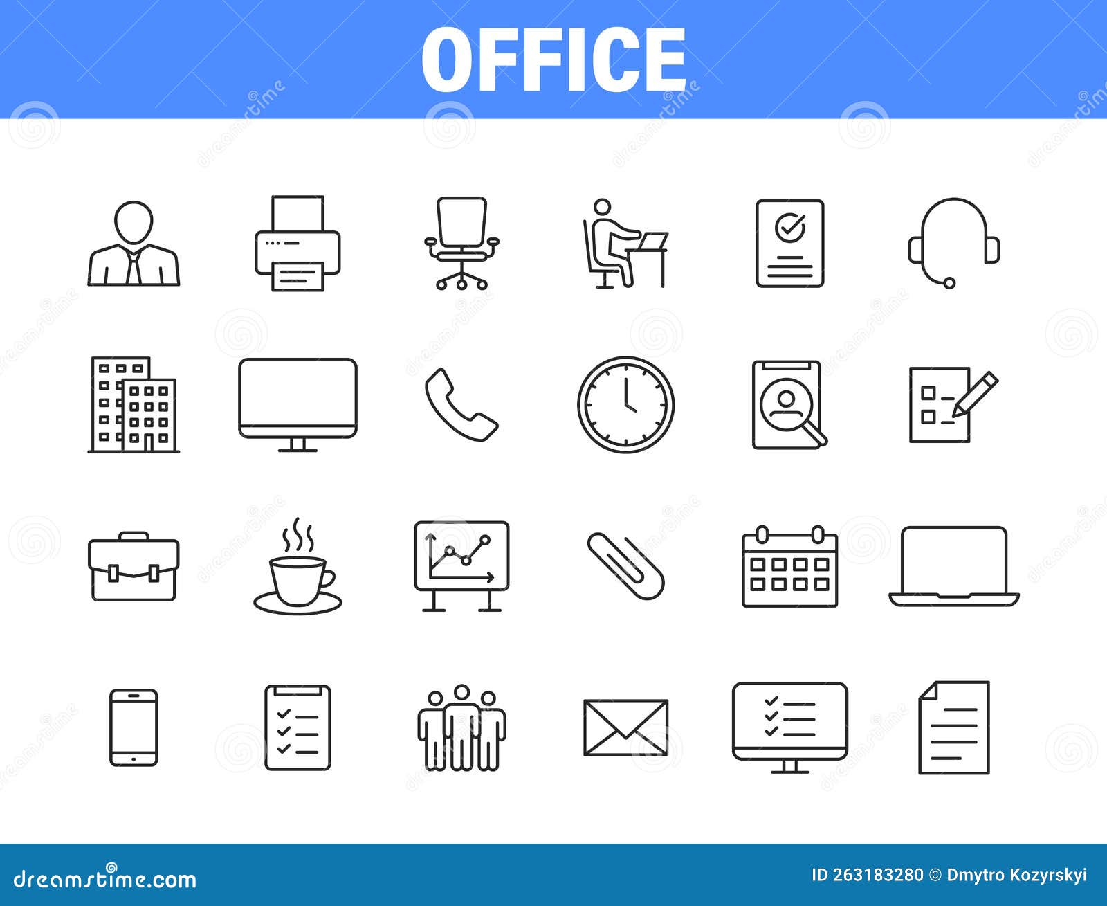 Set of 24 Office and Workplace Web Icons in Line Style. Teamwork ...
