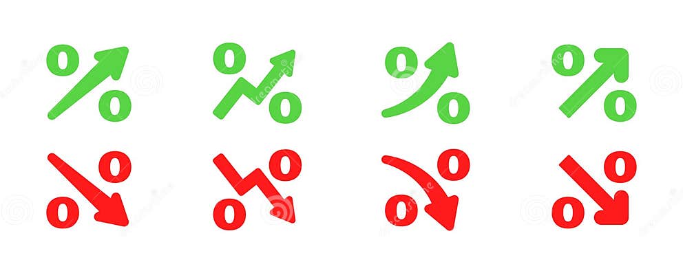 Set of Percentage Arrows Vector Icons. Green and Red Percent Arrow with Up and Down. Growth and ...