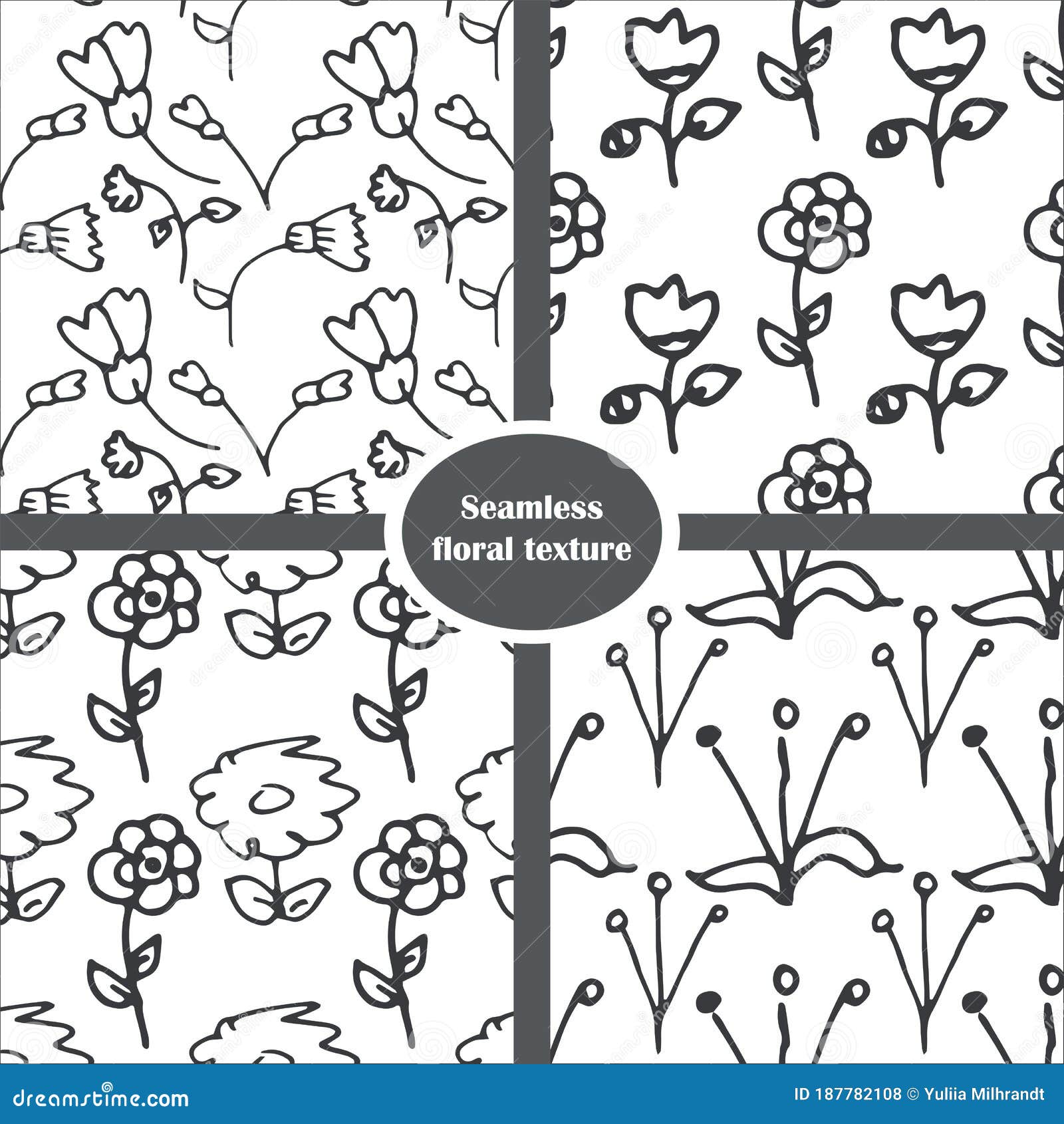 Set of Seamless Floral Patterns. Hand Drawn Black and White Doodle ...