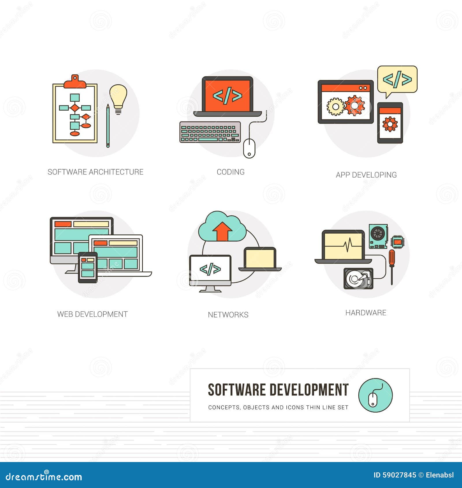Software Developer Behind The Desk Vector Line Art Illustration 130128636
