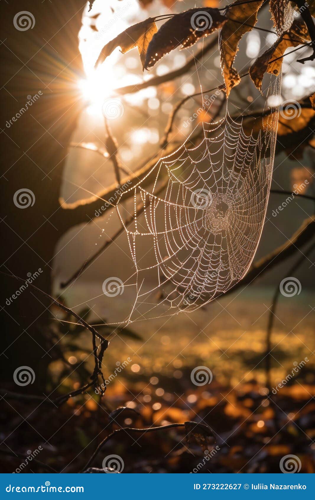 The Web of the Spider is Placed on the Trees in the Rays of Sunset. AI ...