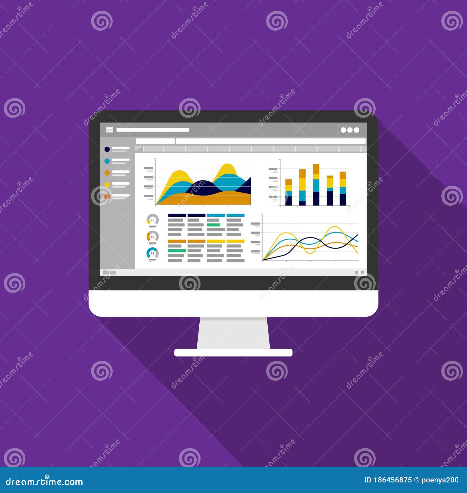 Web Statistics Analytic Charts on Computer Screen Icon. Flat Vector ...