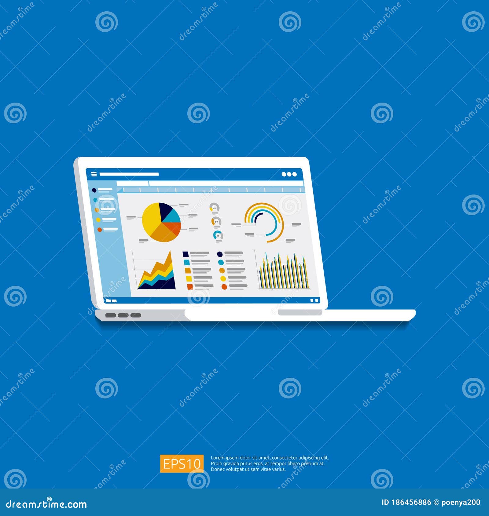 Web Statistics Analytic Charts on Laptop Screen Icon. Flat Vector ...