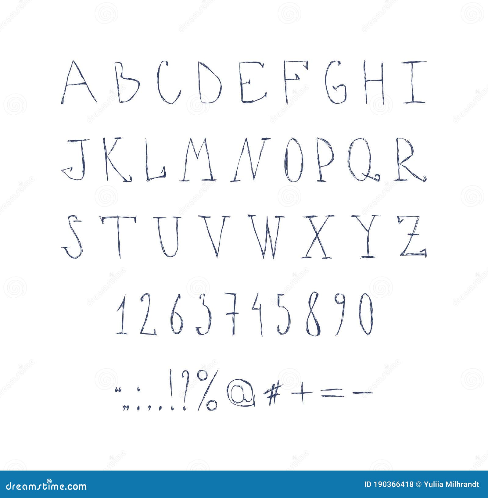 Thin Handwritten Font. Set of Letters, Numbers and Signs Stock ...