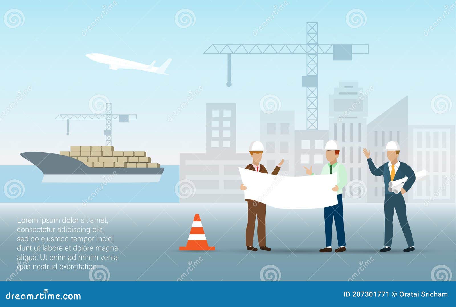 Transportation Engineer, Foreman Team Holding Blueprints Discussing Sea ...