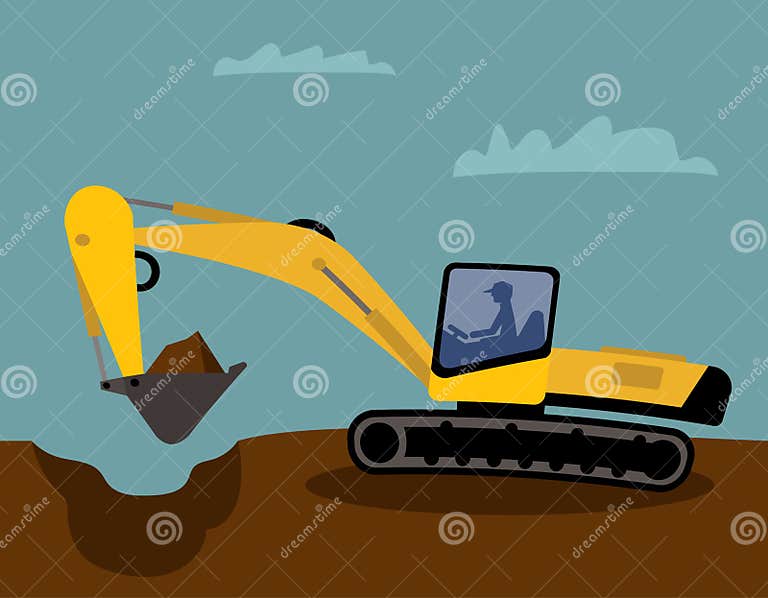 Trench Digging, Large Yellow Excavator Stock Illustration ...