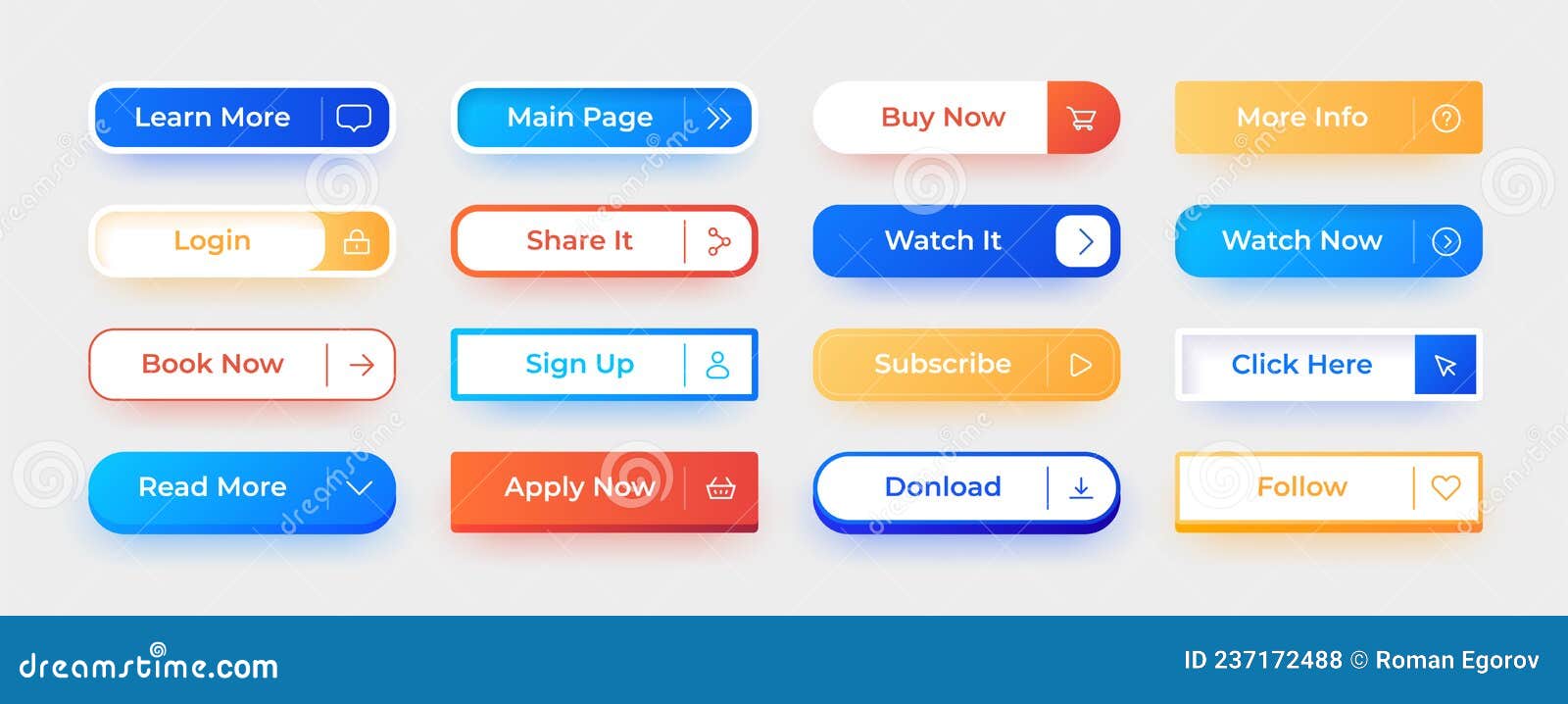 Web Ui Button Call Action Interface Elements Watch Now And Follow Rectangular Icons With Text