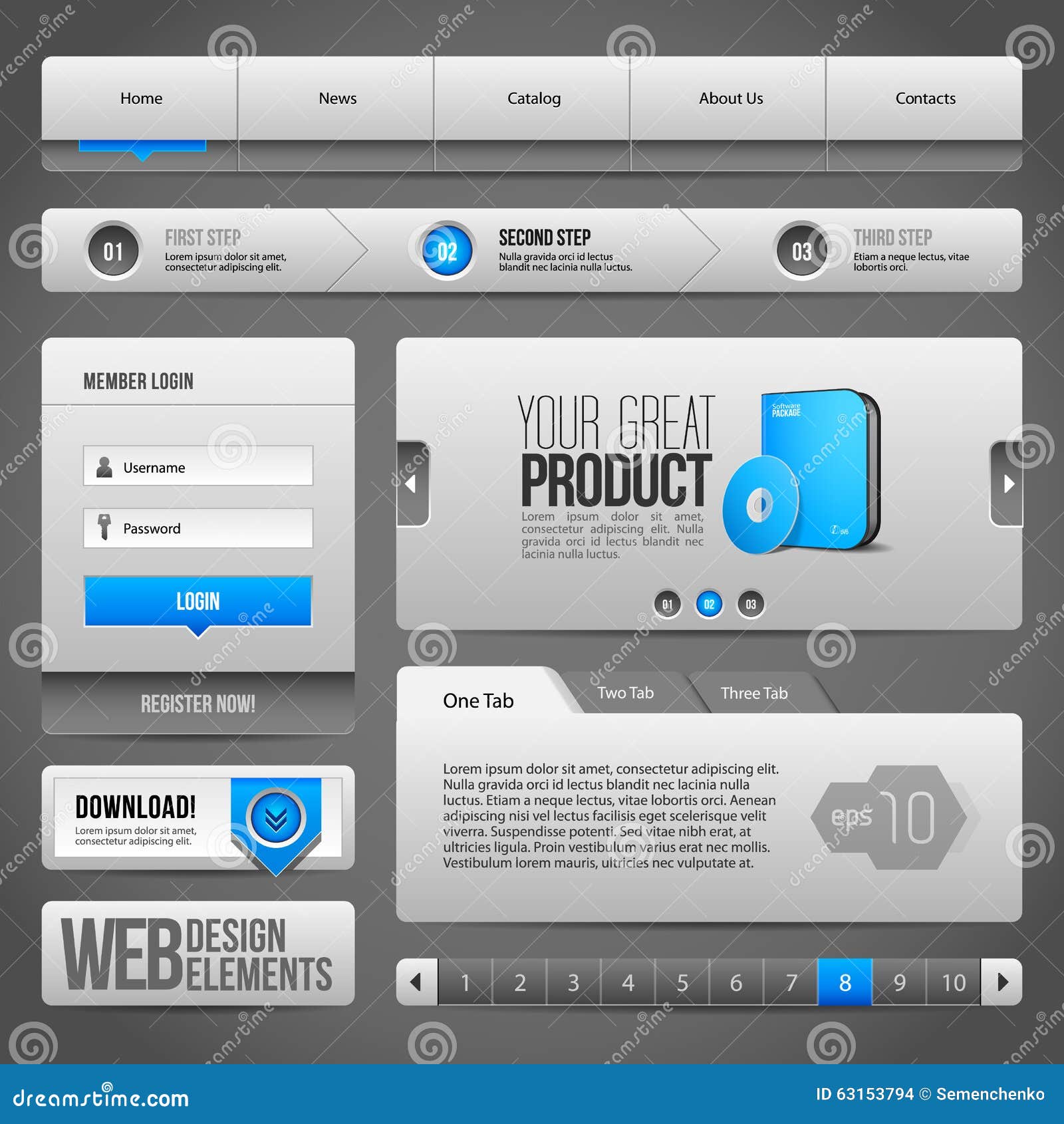 Web Ui Controls Elements Gray And Blue On Dark Background Navigation