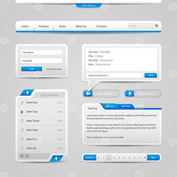Web UI Controls Elements Gray and Blue on Light Background: Navigation Bar, Buttons, Form ...