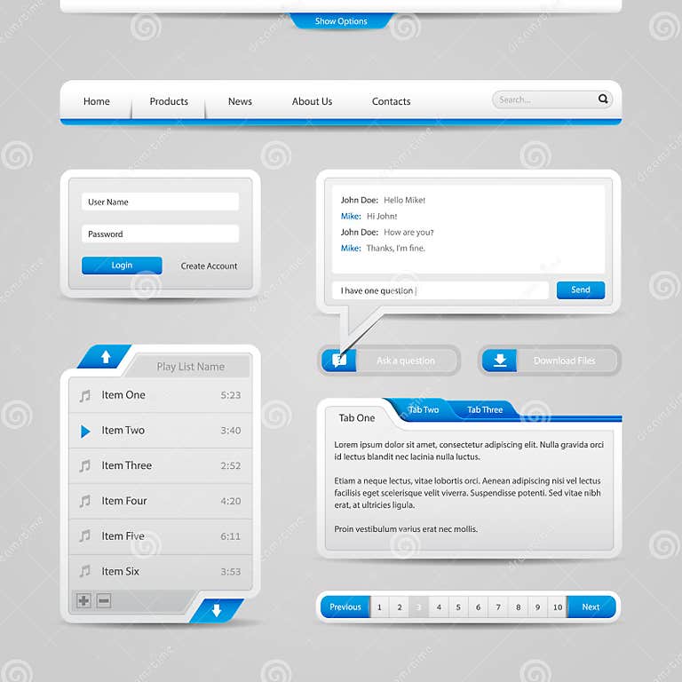 Web UI Controls Elements Gray and Blue on Light Background: Navigation Bar, Buttons, Form ...
