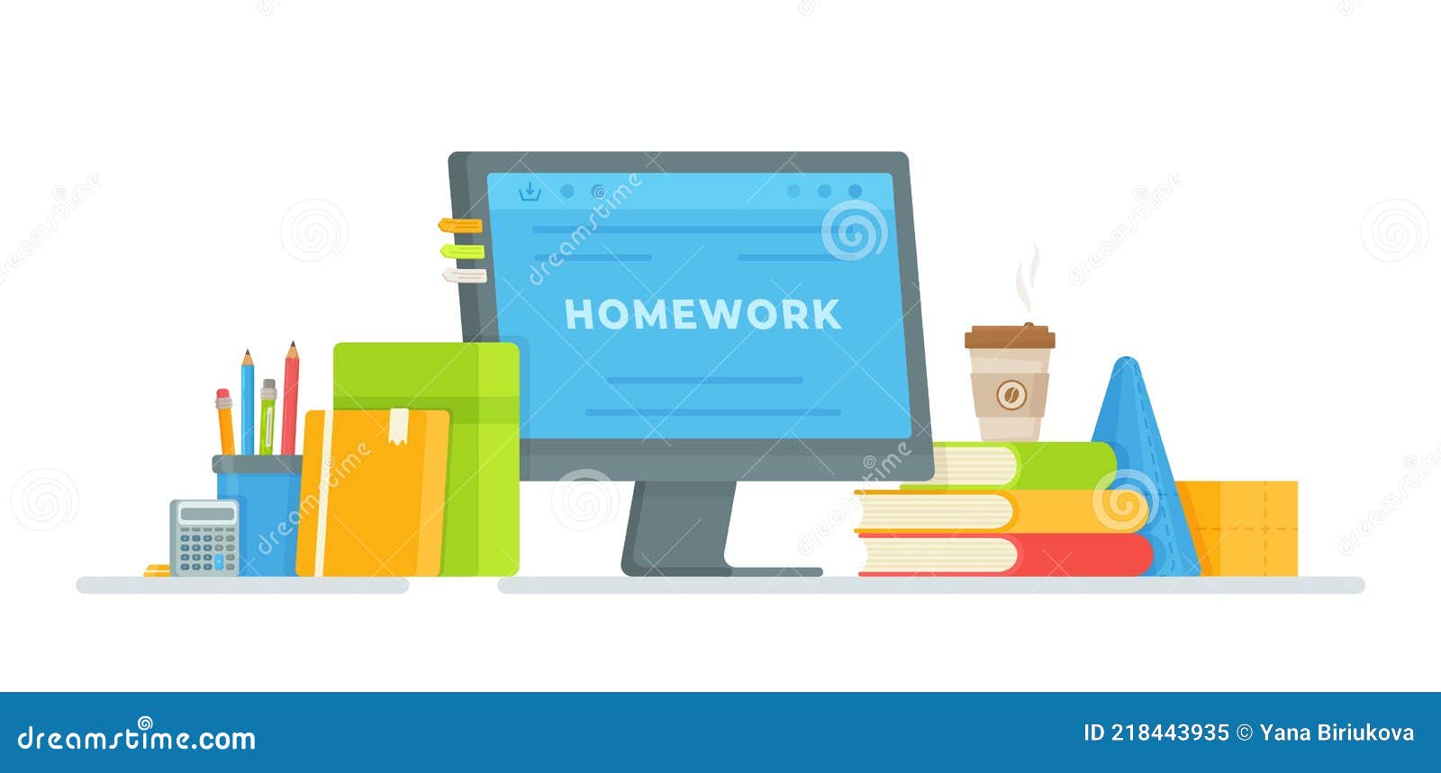 Vector Illustration of Doing Homework on a Computer. the Workplace in ...
