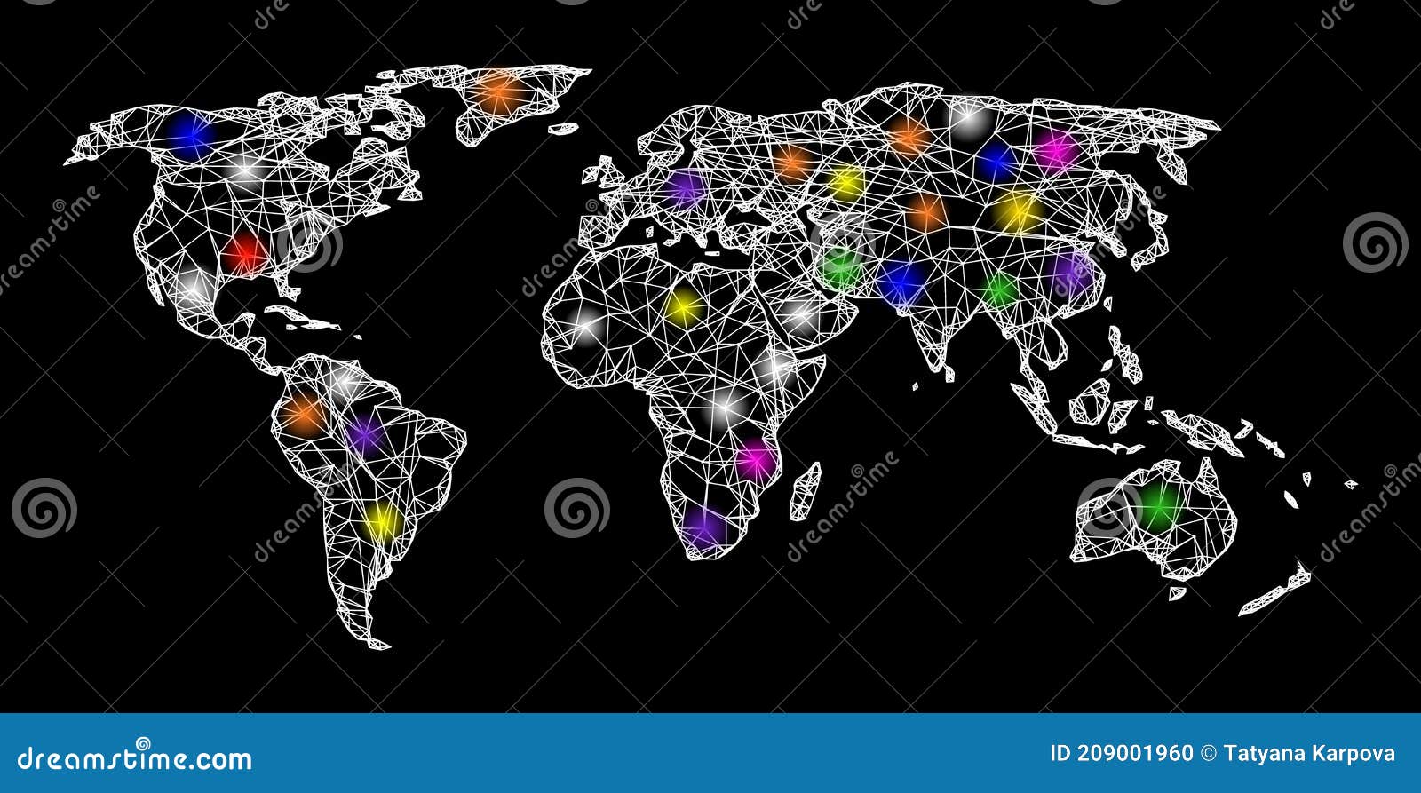 Web Wire Frame Map of World with Colorful Light Spots Stock Vector ...
