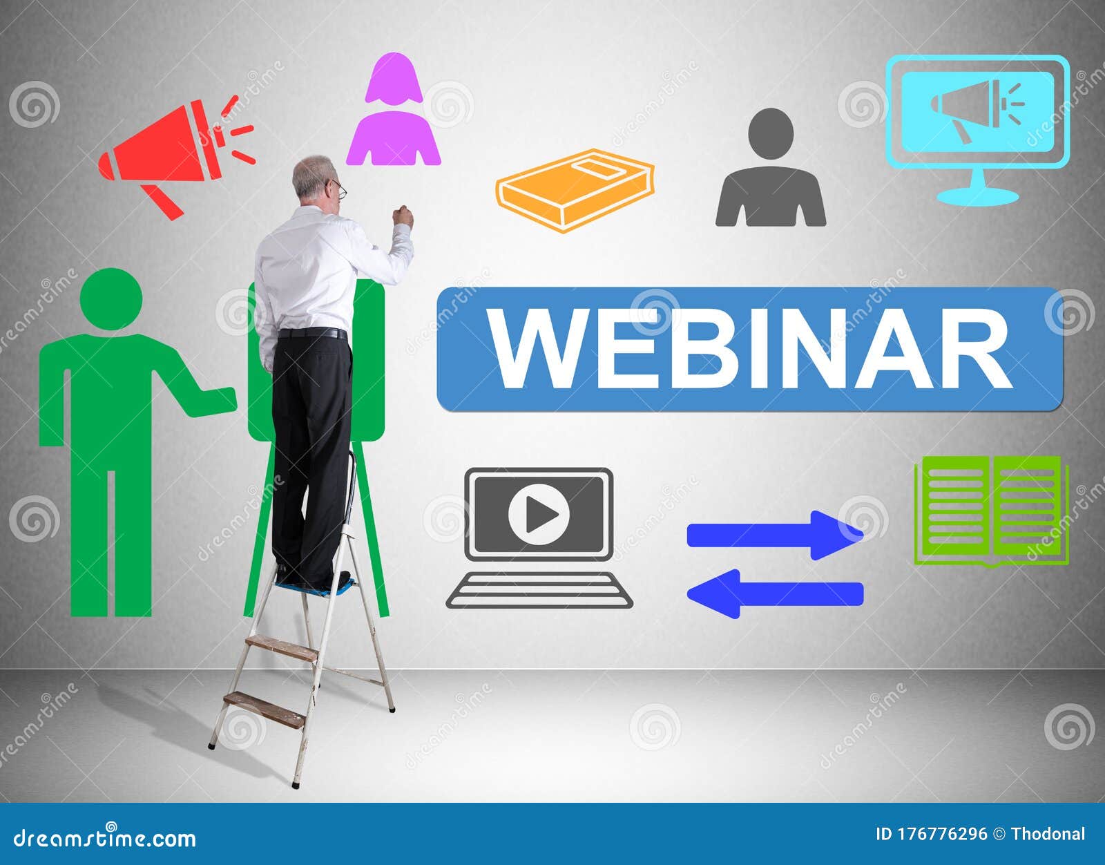 Webinar Concept Drawn by a Man on a Ladder Stock Photo - Image of ...