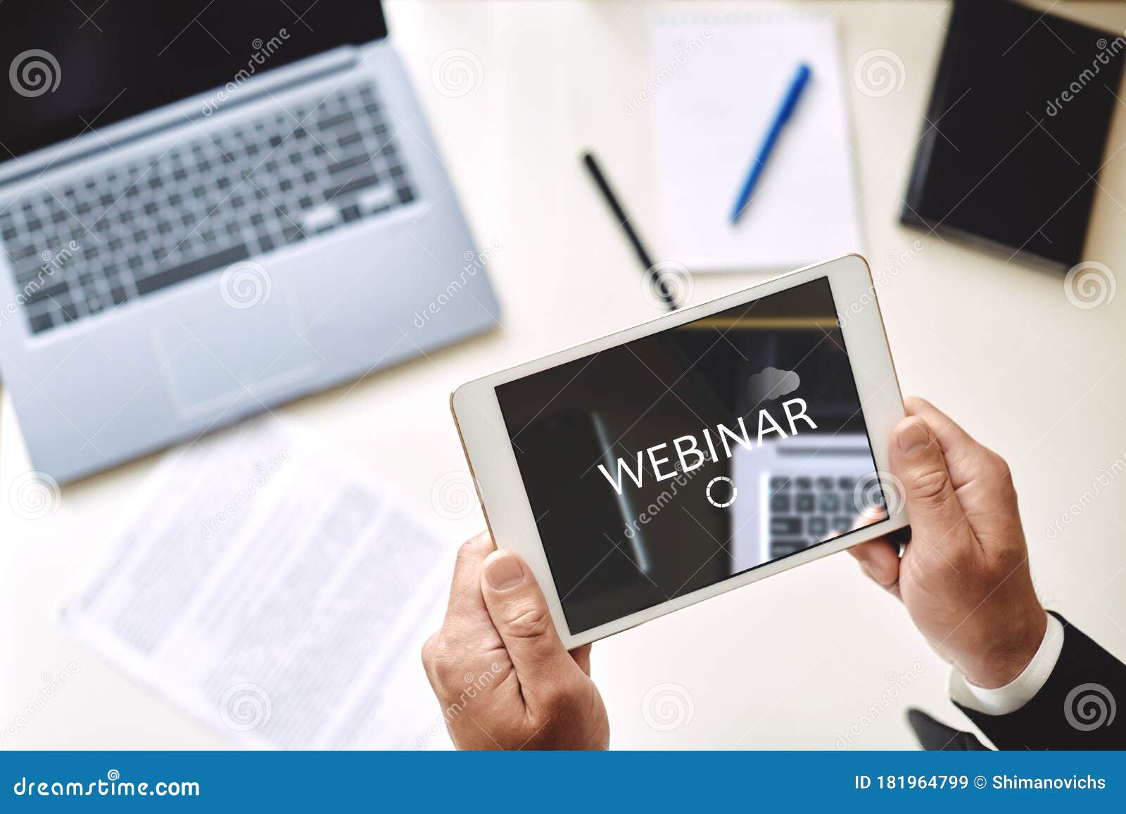 Webinar Concept, Online Training. Man Holds in His Hands a Tablet Stock ...
