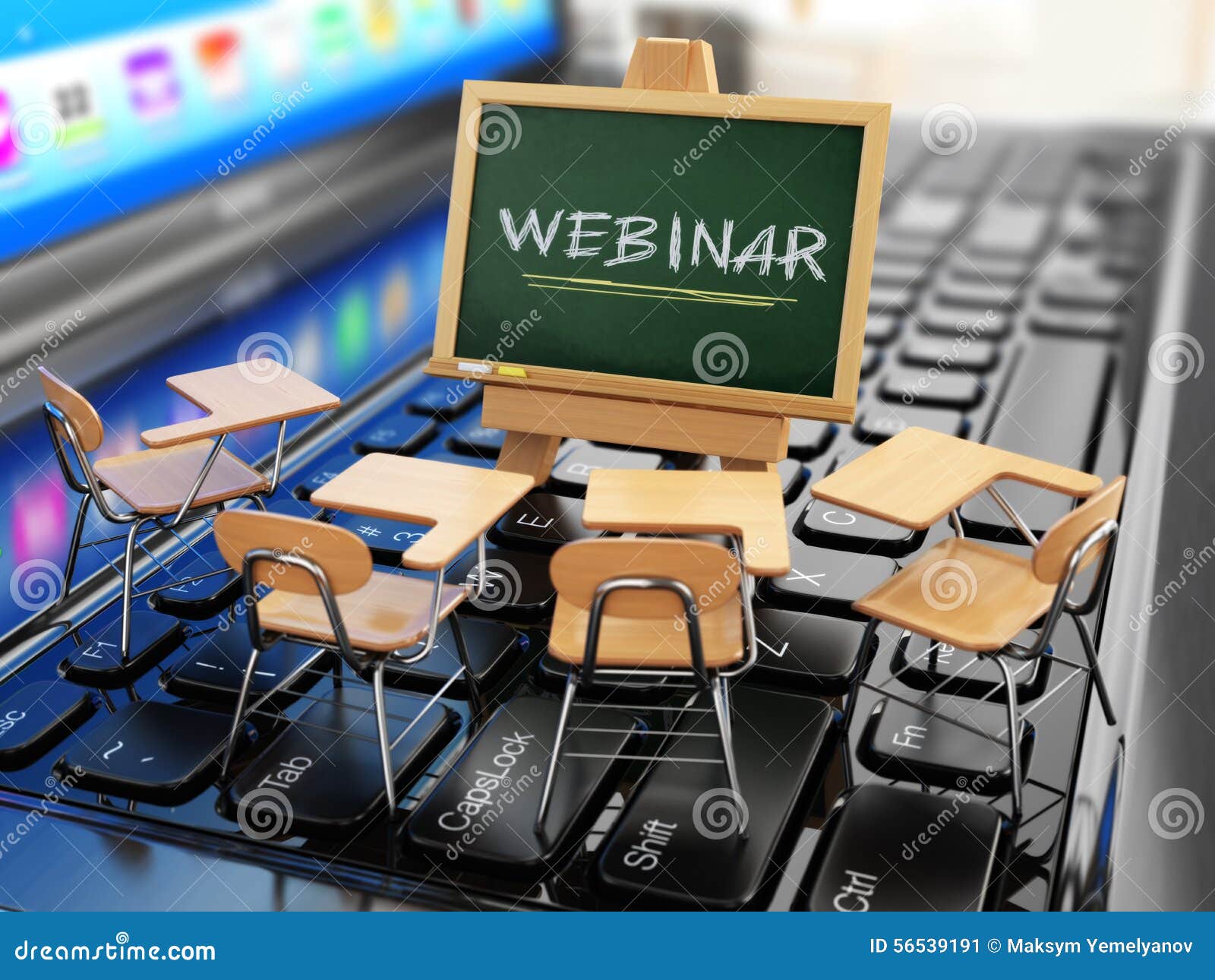 Webinar Concept. Schooldesk and Chalkboard on the Laptop Keyboard Stock ...