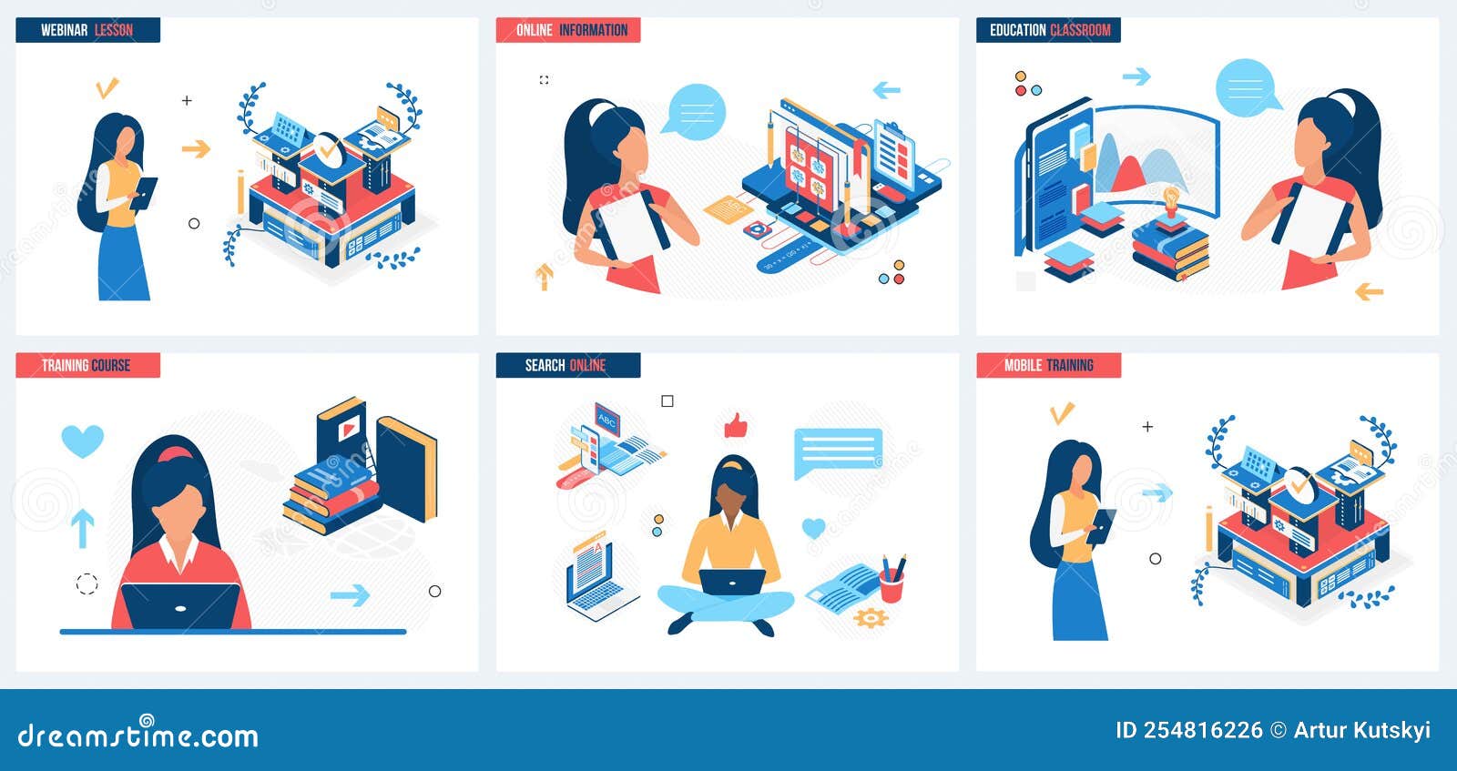 Webinar Course, Online Education Set, Students Study Information in ...