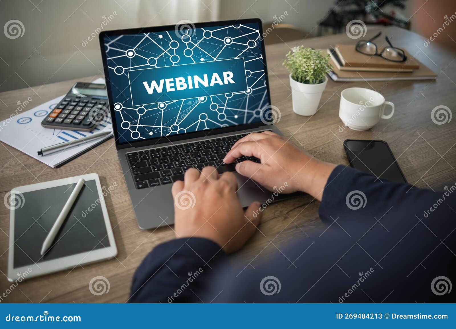 Webinar, Hands-on Table Use E-business Connection on Computer, Man ...