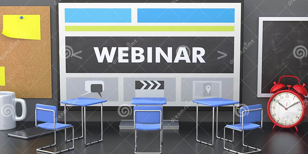 Webinar Virtual Concept. Empty Chairs Around a Computer Screen, Office ...